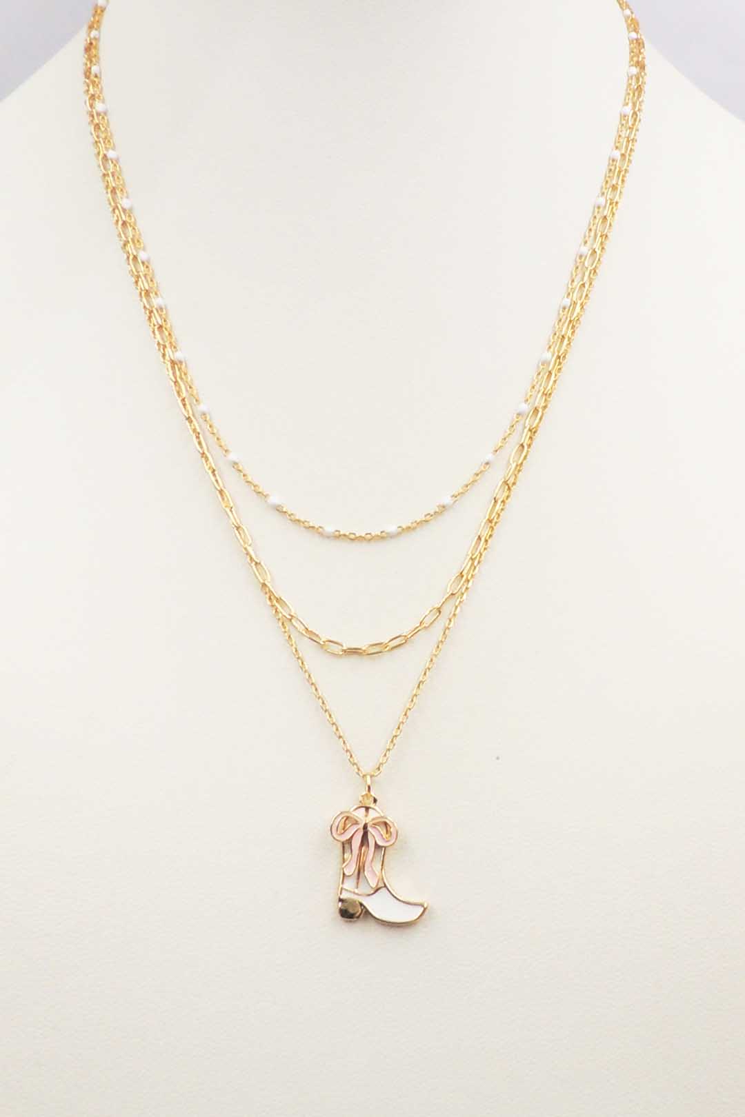 Gold Layered Chain with Pink Bow and White Cowboy Boot Charm 16"-18" N ...