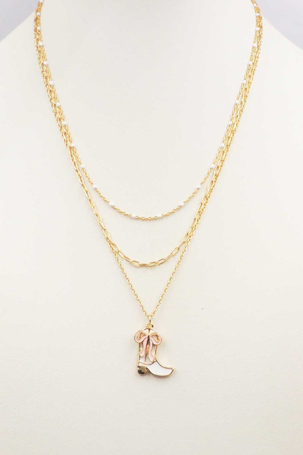 Gold Layered Chain with Pink Bow and White Cowboy Boot Charm 16"-18" N ...