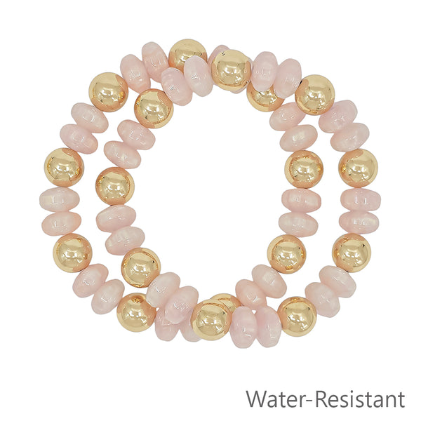 Water resistant Set of 2 Light Pink and Gold Beaded Stretch Bracelets ...