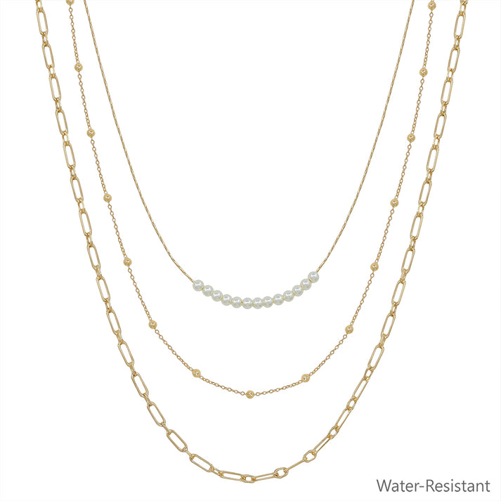 Water Resistant Triple Layered Gold with Pearl Thin Dotted Chain 16"-1 ...